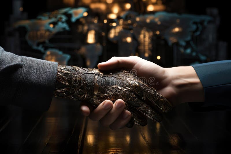 Handshake between Robot and Human in World Map Background. AI ...