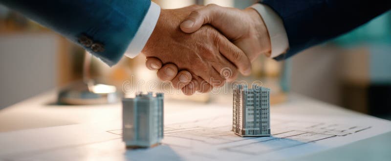 The Handshake Solidifying a Business Deal Over a Miniature Building ...