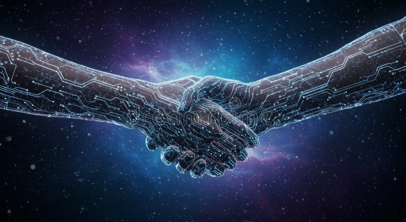 Handshake in Space Two Robotic Hands Circuitboard Textured Grasp in a ...