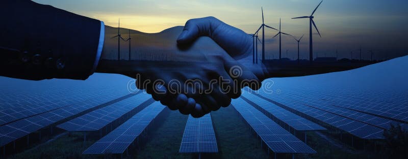 A Handshake Superimposed Over Wind Turbines and Solar Panels ...