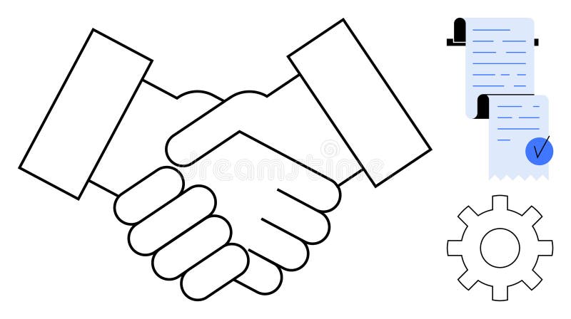 Handshake Symbolizing Agreement with Contract Document and Cogwheel ...
