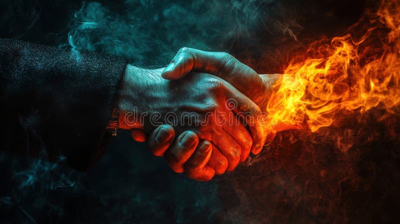 Handshake Symbolizing Unity between Nature and Technology in Fire Smoke ...