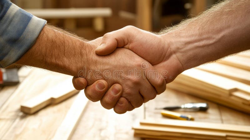 Handshake between Two Craftsmen in a Workshop Setting, Symbolizing ...