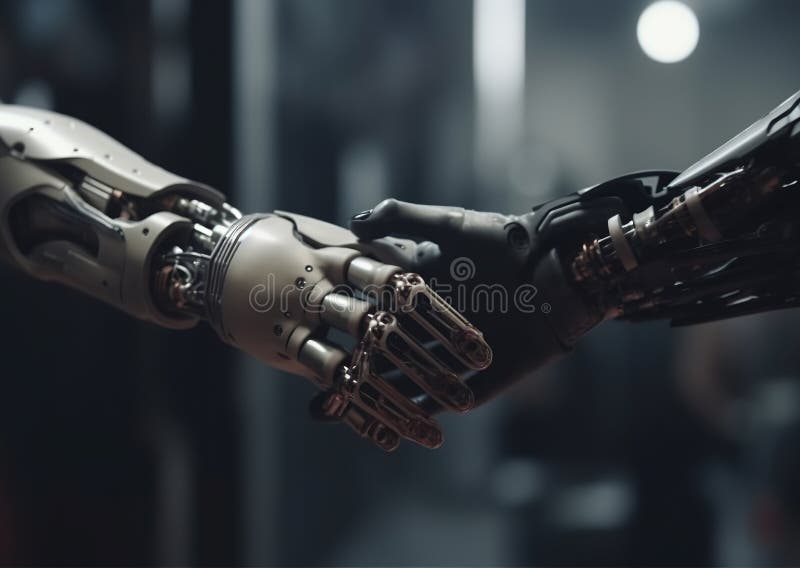 The Handshake of Two Cyborg Robots on New Technologies Stock ...