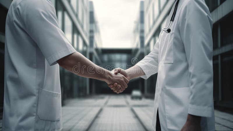 Handshake of Two Doctors in White Coats on the Background of a ...
