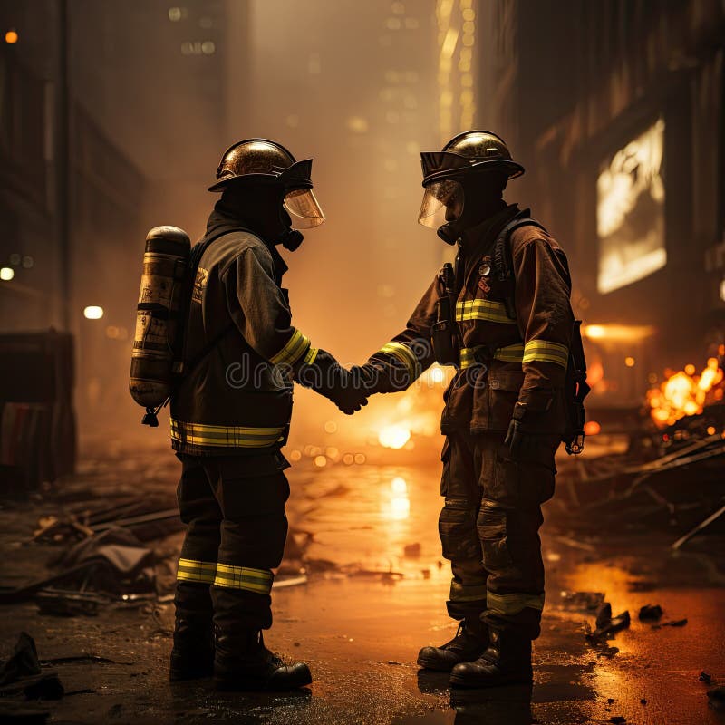 Handshake between Two Firefighters Against a Burning Building - AI ...