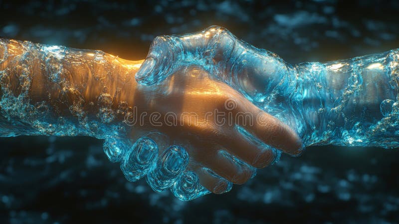 A Handshake between Two Hands Formed from Shimmering Water, Symbolizing ...