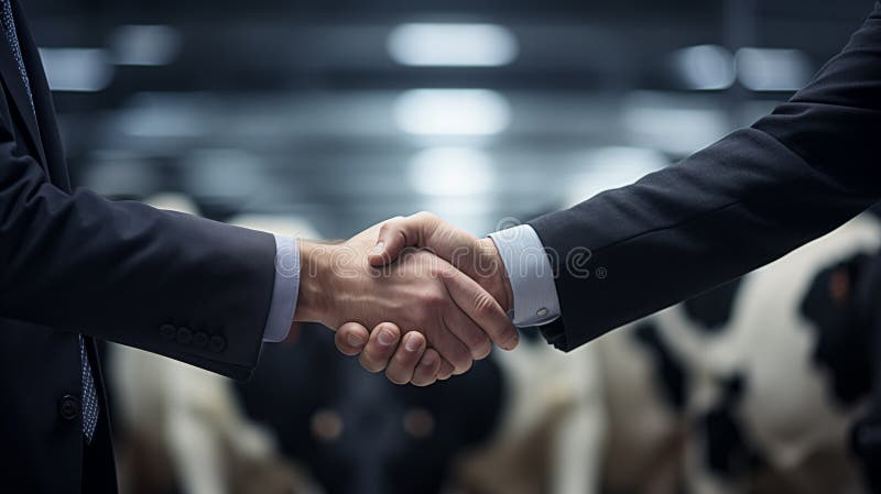 Handshake of Two Men in Suits Against the Background of a Hangar Stall ...
