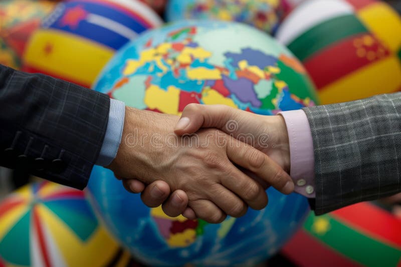 Handshake between Two People in Business Setting with Globe in ...