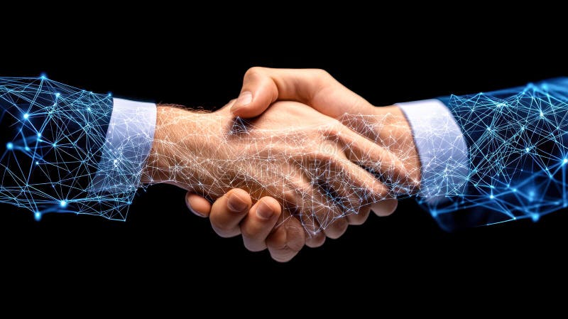 A Handshake between Two People is Shown in a Futuristic Setting Stock ...