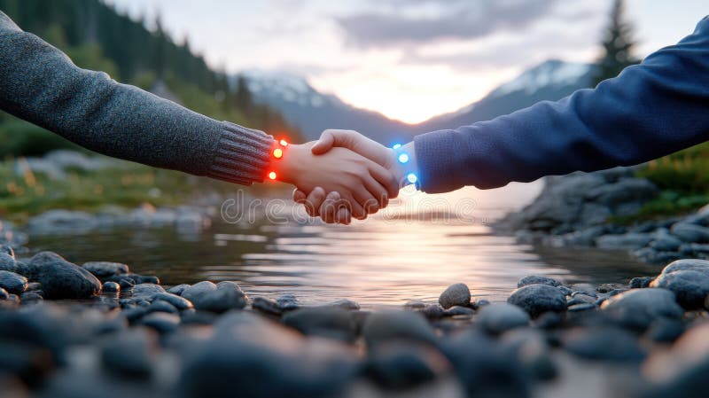 A Handshake between Two People is Shown in a Futuristic Setting Stock ...