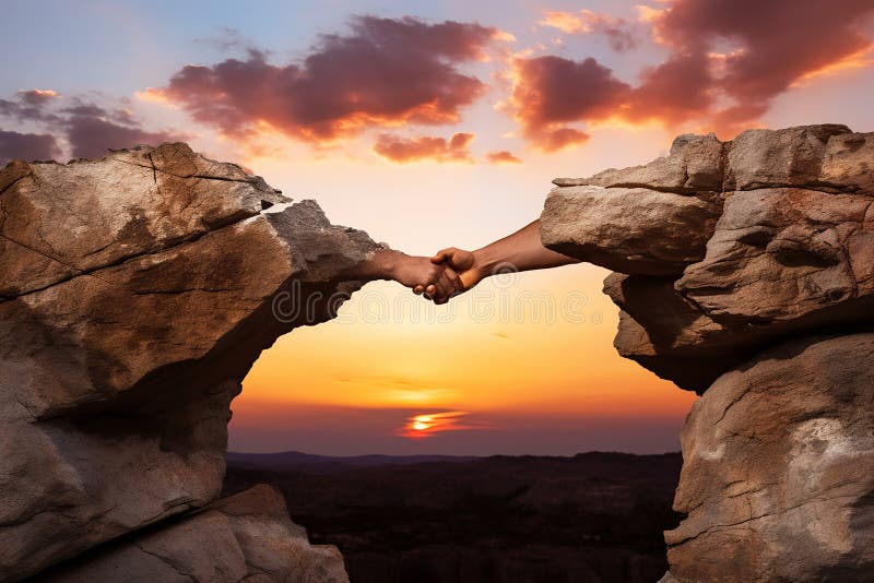 The Handshake of Two Rocks Against the Backdrop of a Sunset. Titans of ...