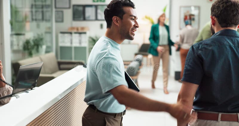 Handshake, Welcome and Men with Tablet, Office and App with Info of ...