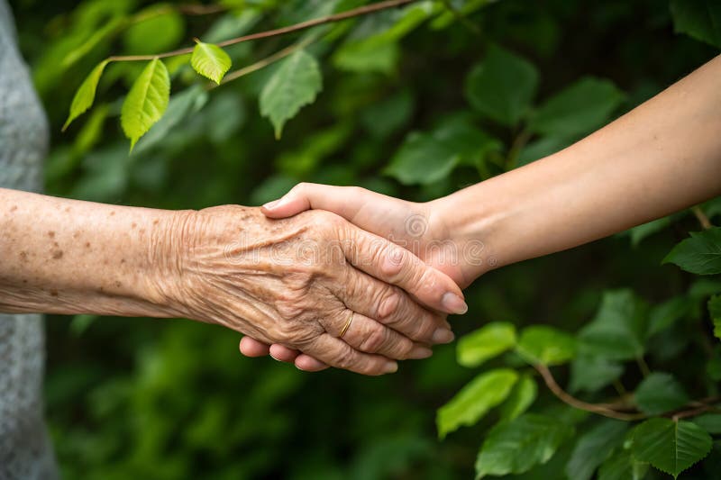 Handshake between Young and Old Person Demonstrating Care Support and ...