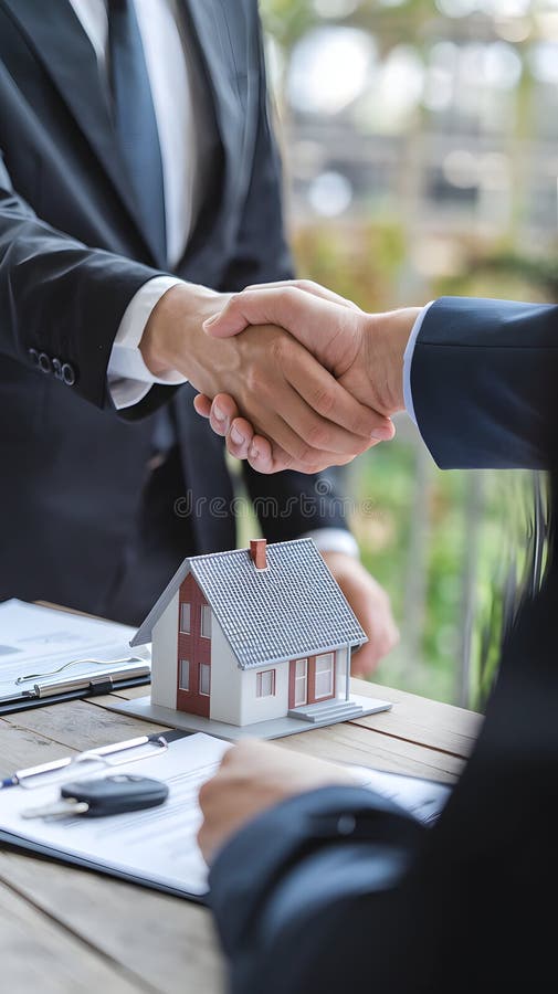 Professional Handshake Over Table with House Model, Keys, and Document ...