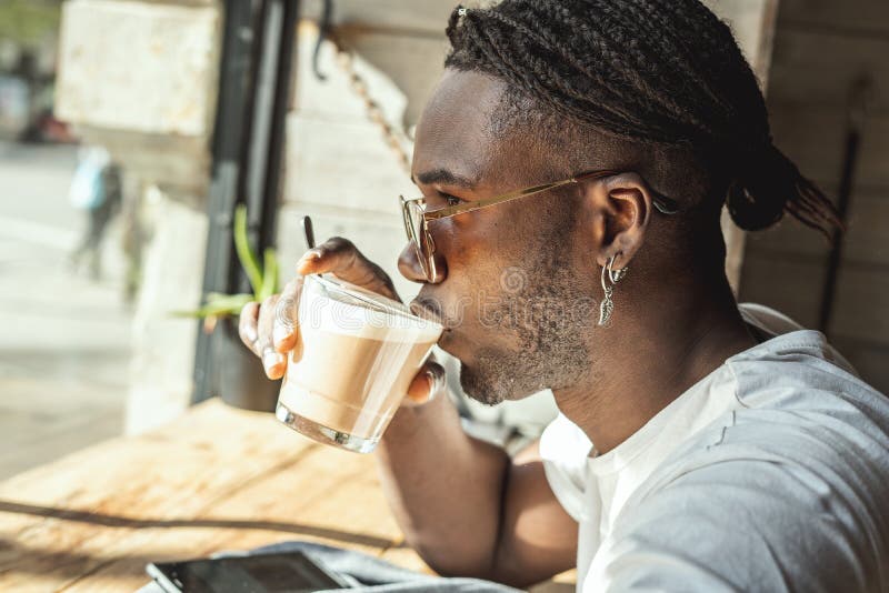 Handsome Young African American Drinking Coffee with Milk Stock Image ...