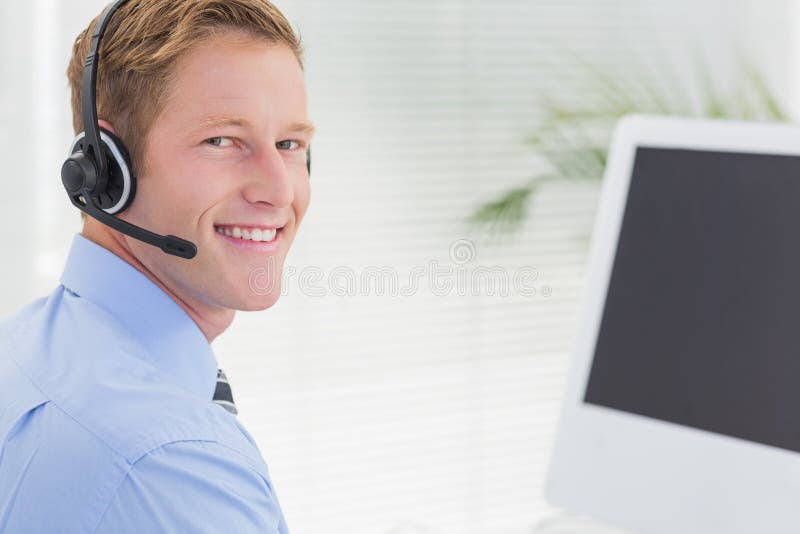 Handsome Agent with Headset Typing on Keyboard Stock Photo - Image of ...