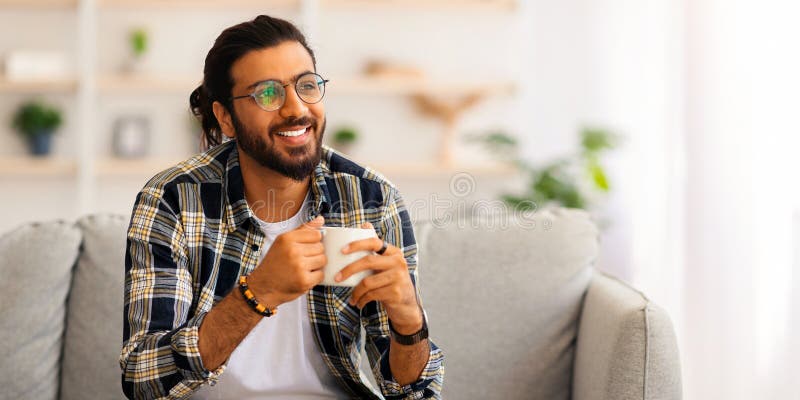 Handsome Arab Man with Tea Mug Looking at Copy Space Stock Image ...