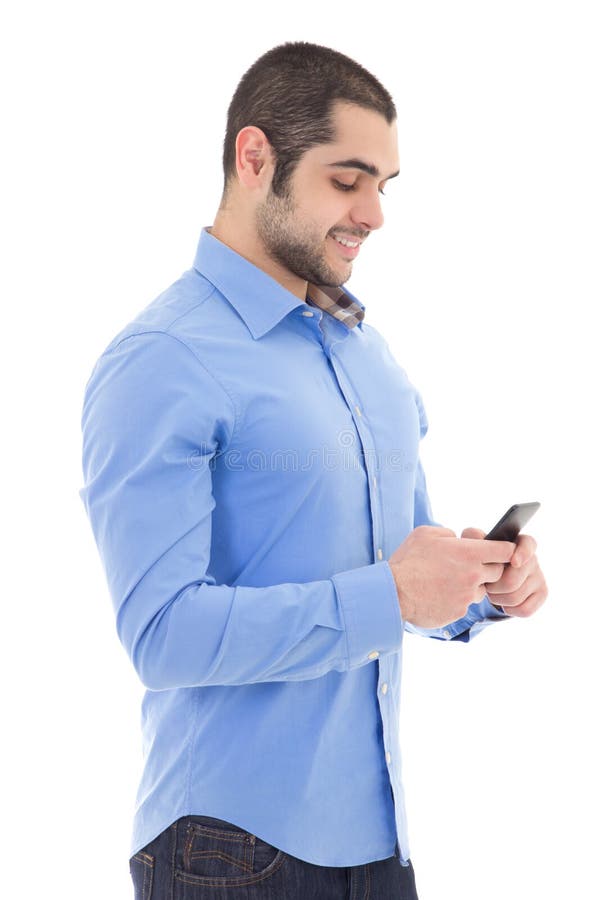 Handsome Arabic Man in Blue Shirt with Smartphone Isolated on White ...
