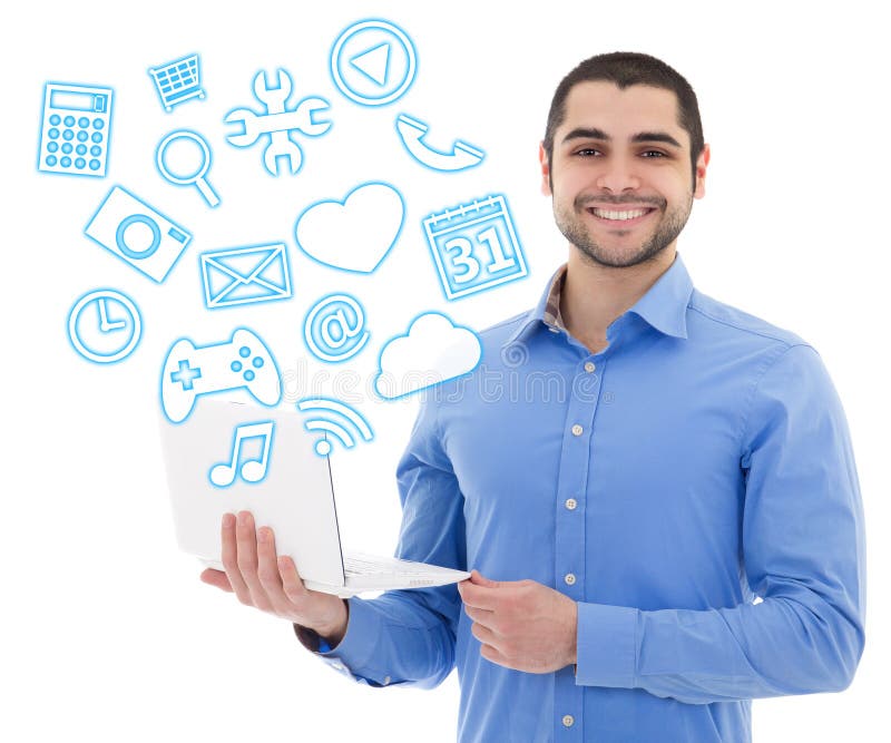 Handsome Arabic Man Using Laptop with Different Applications Over White ...