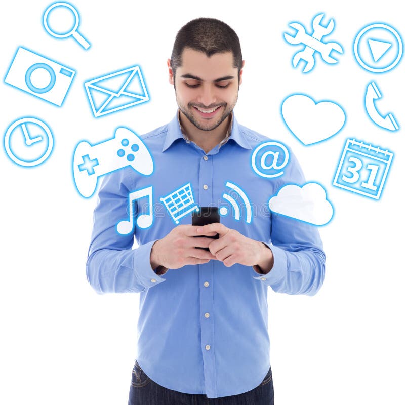 Handsome Arabic Man Using Smartphone and Media Icons Over White Stock ...