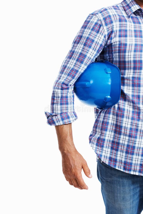 Handsome Architect Holding Blue Protective Helmet. Closeup of Handsome ... Handsome Architect Holding Blue Protective Helmet. Closeup of Handsome ...