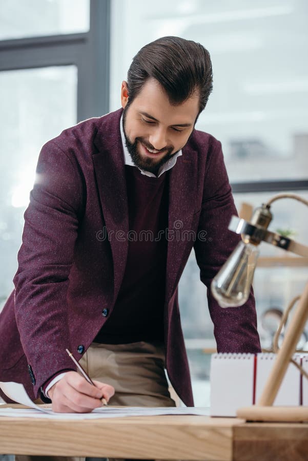 Handsome Architect Working with Blueprint in Modern Stock Photo - Image ...