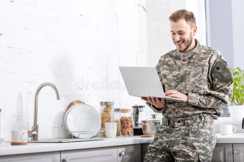 Handsome Army Soldier in Uniform Using Laptop Stock Image - Image of ...