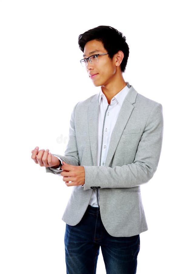 Handsome Asian Man Standing In Cafe And Using Mobile Phone Stock Image ...