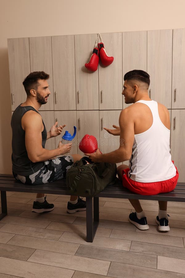 Handsome Athletic Men Talking in Locker Room Stock Photo - Image of ...