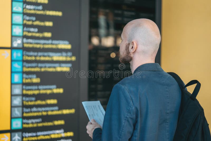 Handsome Bald Bearded Man in Suit with Backpack Reads Information at ... Handsome Bald Bearded Man in Suit with Backpack Reads Information at ...