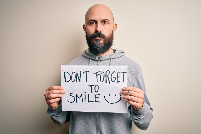 Handsome Bald Man with Beard Holding Banner with Funny Positive Message ...