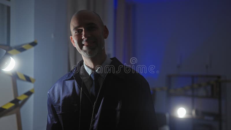 Handsome Bald Man with Beard Wearing Suit in an Indoor Crime Scene with ...