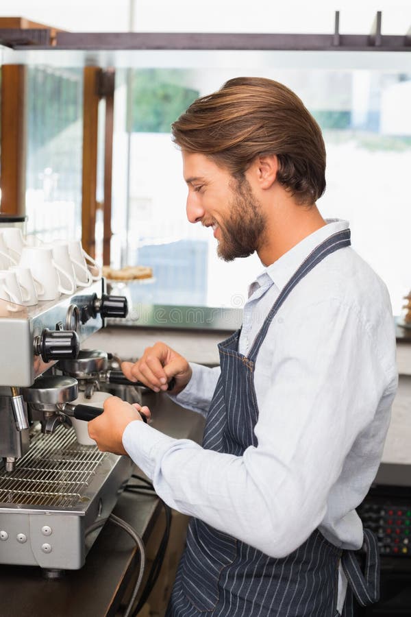 Handsome Barista Making a Cup of Coffee Stock Image - Image of side ...