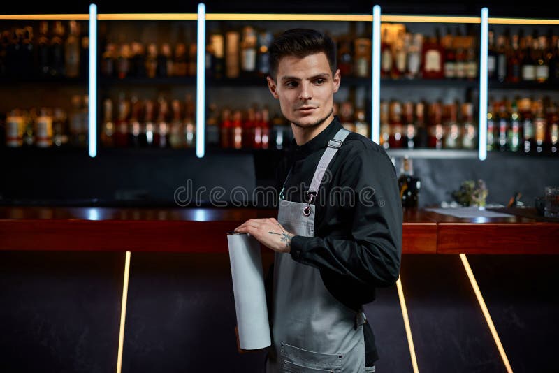 Barman in Apron Standing at the Bar Counter Stock Photo - Image of ...