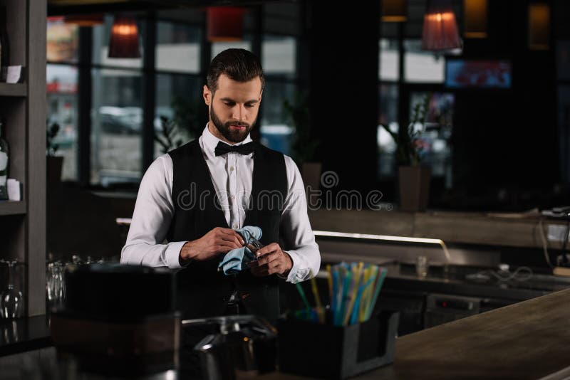 Handsome Bartender Cleaning Glass with Rag Stock Photo - Image of ...