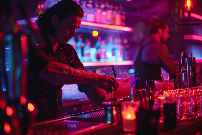 Handsome Bartender Making Cocktail in Night Club Stock Illustration ...