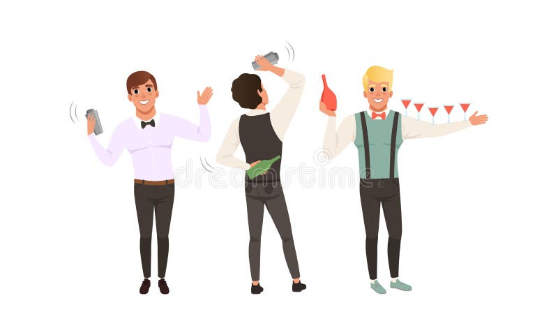 Handsome Bartender Man Character with Bow Tie Shaking Alcoholic Drinks ...