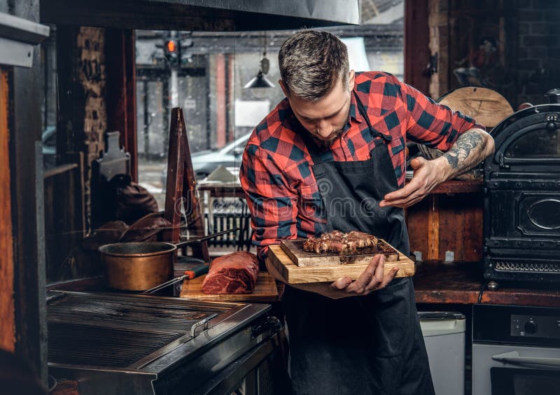 Cheef Cook Prepairing a Meat on a Kitchen. Stock Image - Image of food ...