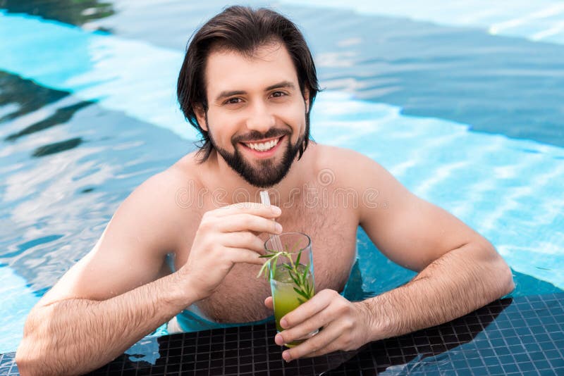 Handsome Bearded Man with Glass of Cocktail in Swimming Stock Image ...