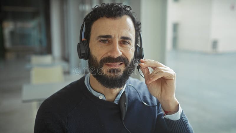 Handsome Bearded Man with Headphones Using Microphone in an Office ... Handsome Bearded Man with Headphones Using Microphone in an Office ...