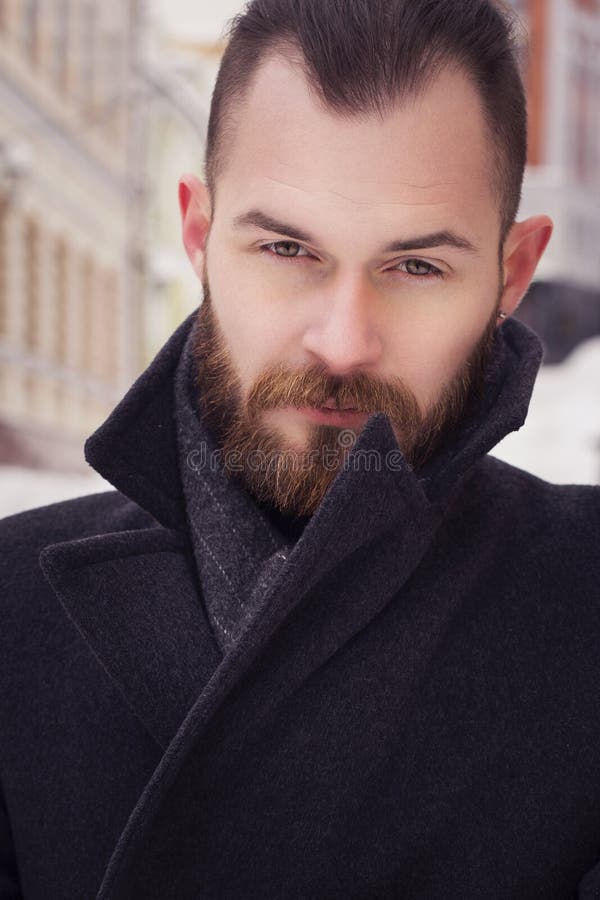 Handsome Bearded Man in Jacket Outdoors. Snow Cold Weather Stock Photo ...