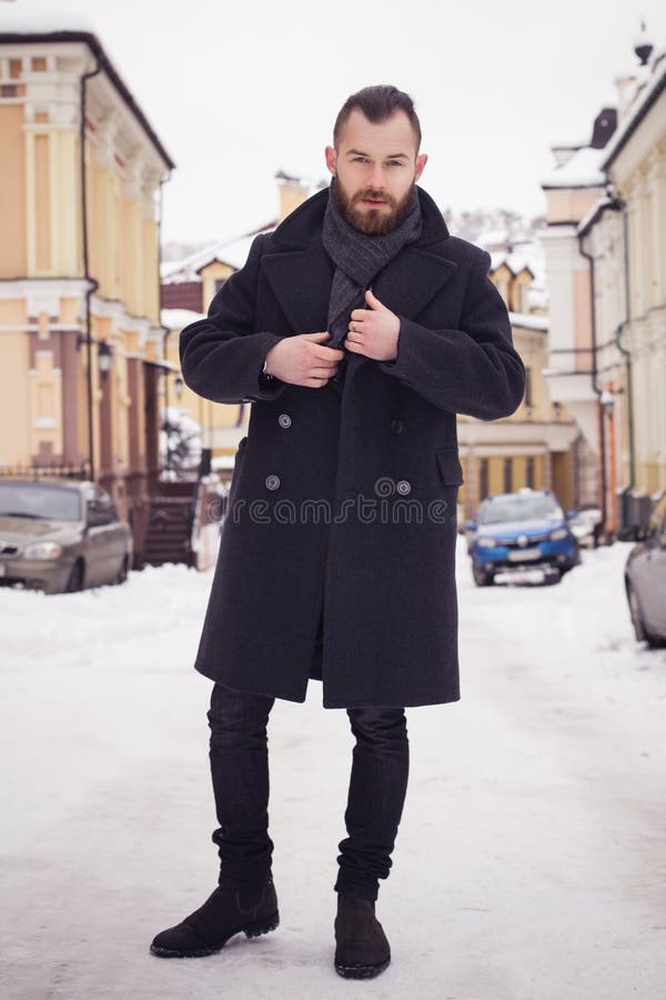 Handsome Bearded Man in Jacket Outdoors. Snow Cold Weather Stock Photo ...