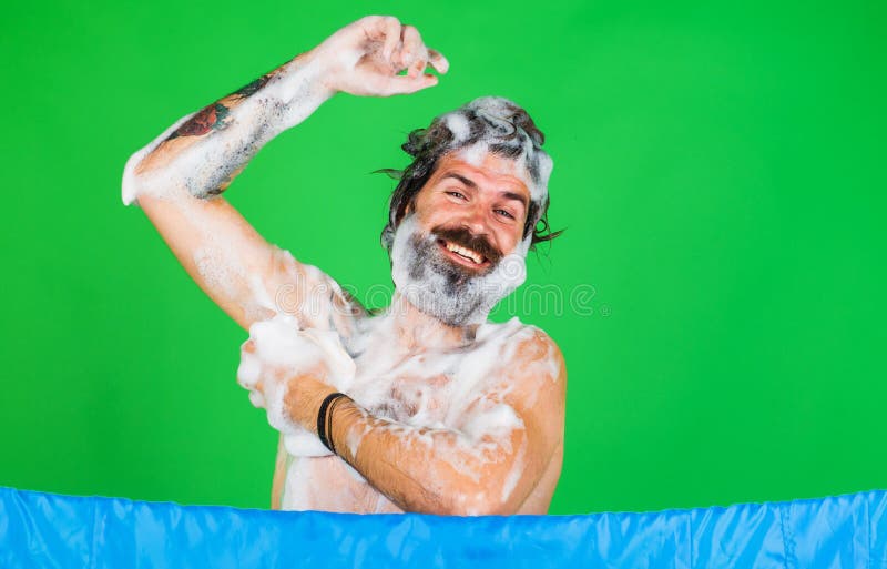 Handsome Bearded Man Take Shower In Bathroom Skincare And Personal