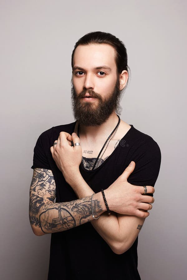 Handsome Bearded Man with Tattoo Stock Photo - Image of casual ...