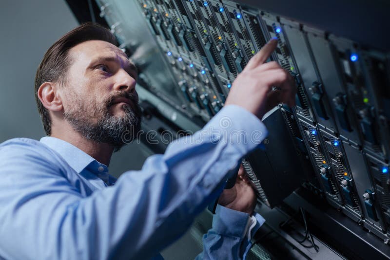 Handsome Bearded Man Working with the Rack Server Stock Photo - Image ...