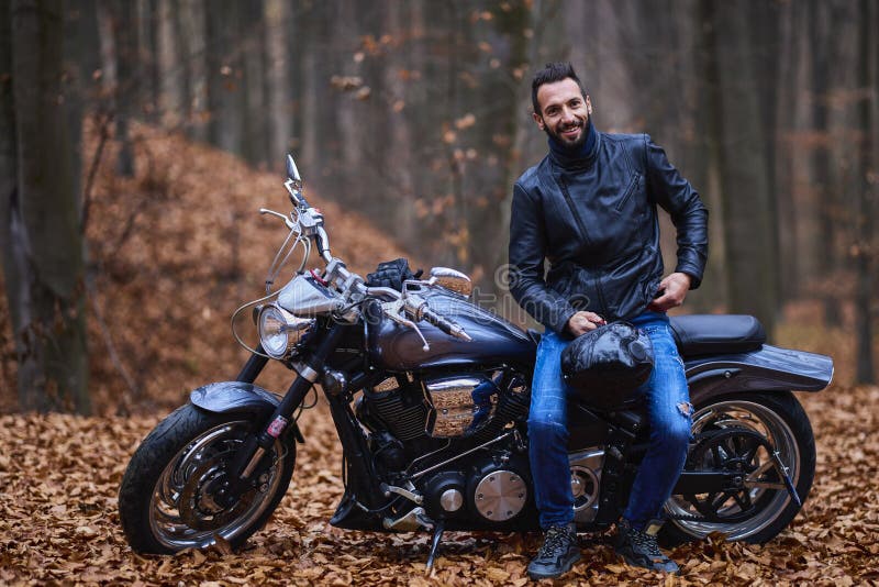 Handsome Biker in the Forest. Stock Image - Image of person, nature ...