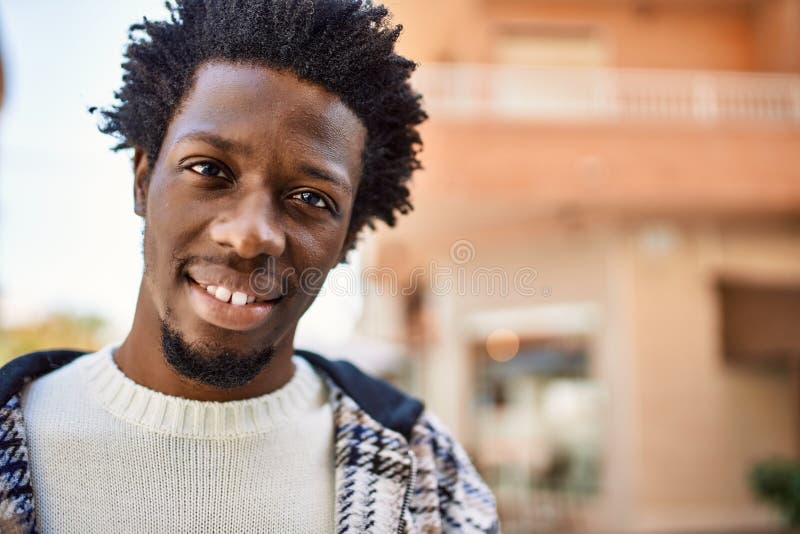 Handsome Black Man with Afro Hair and Beard Smiling Happy Outdoors ...