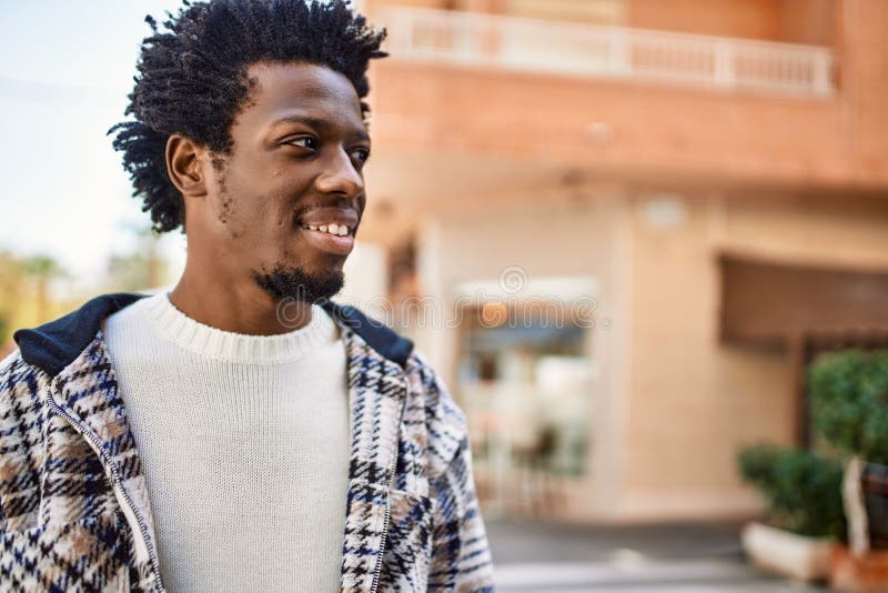 Handsome Black Man with Afro Hair and Beard Smiling Happy Outdoors ...