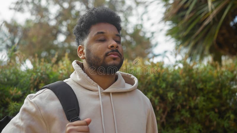 Handsome Black Man with Backpack Relaxing in a Lush City Park on a ...